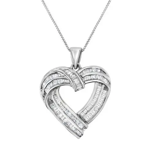 HAUS OF BRILLIANCE Silver 7/8 Cttw Baguette Diamond Heart Pendant Necklace - White