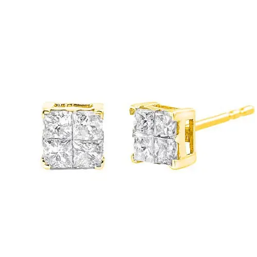HAUS OF BRILLIANCE 10k Gold Plated Silver 1.0 Ct Princess Diamond Stud Earrings - Yellow