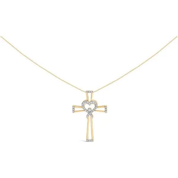 HAUS OF BRILLIANCE 14k Gold Plated Silver 1/6 Cttw Diamond Heart And Cross Pendant Necklace - Yellow