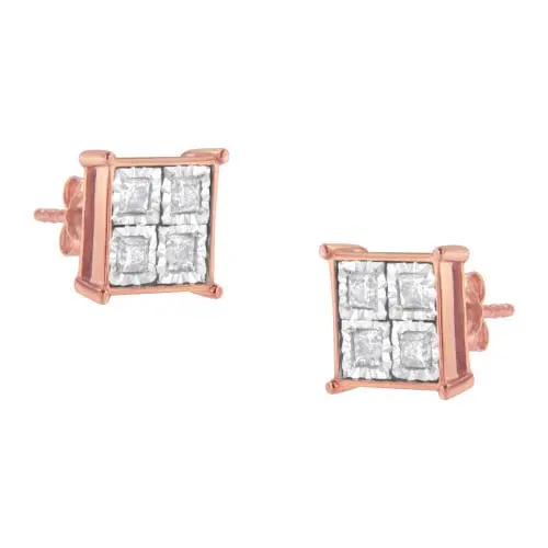 HAUS OF BRILLIANCE Rose Gold Plated Silver Diamond Stud Earrings - Pink