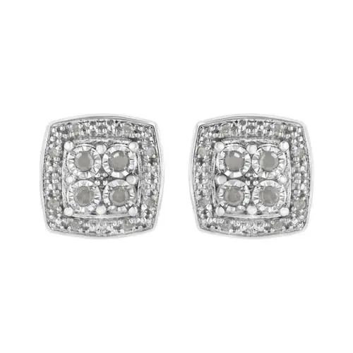 HAUS OF BRILLIANCE Silver 1/4 Ct Round Diamond Square Stud Earrings - White