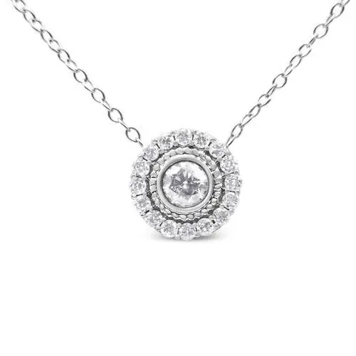 HAUS OF BRILLIANCE Silver 1/2cttw Round Diamond Halo Pendant Necklace - White