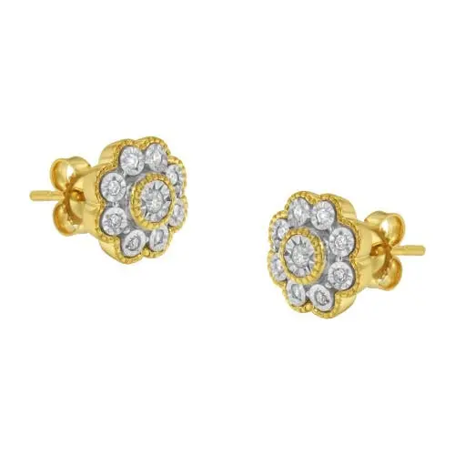 HAUS OF BRILLIANCE 14k Gold Plated Silver Diamond Floral Stud Earrings - Yellow