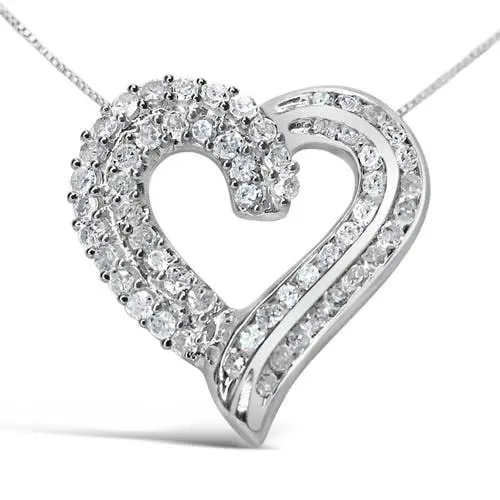 HAUS OF BRILLIANCE Silver Diamond Open Work Ribbon Heart Pendant Necklace - White