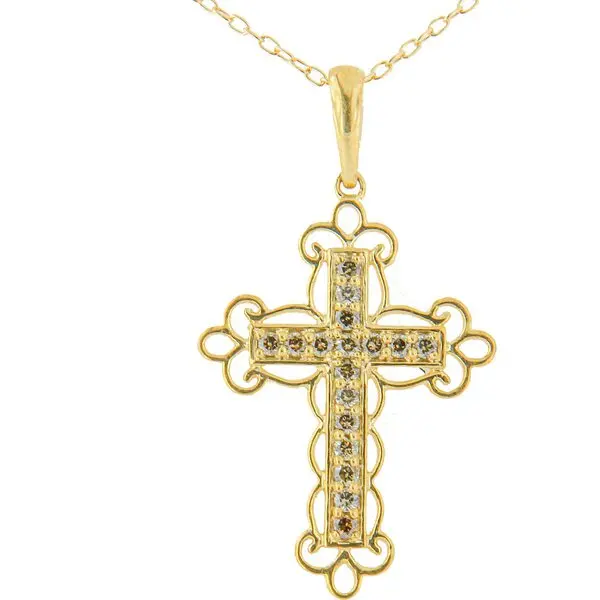 HAUS OF BRILLIANCE 10k Flashed Silver 1/4 Cttw Champagne Diamond Cross Pendant Necklace - Yellow
