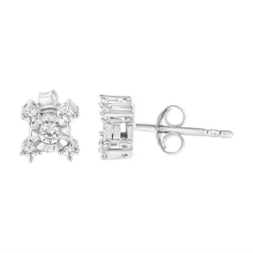HAUS OF BRILLIANCE Silver 1/4 Ct Miracle Plate Round And Princess "x" Shaped Stud Earrings - White