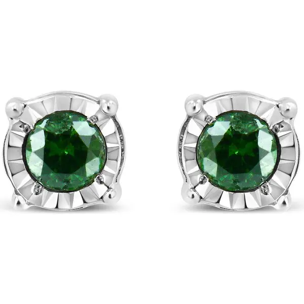 HAUS OF BRILLIANCE Silver Green Diamond Solitaire Stud Earrings - White