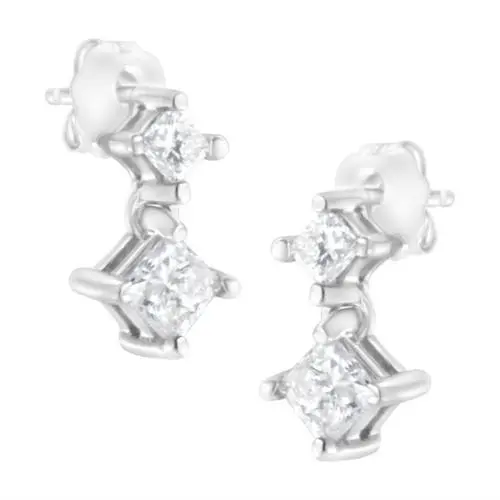 HAUS OF BRILLIANCE 14k Gold 3/4 Cttw Double Princess Cut Diamond Stud Earrings - White