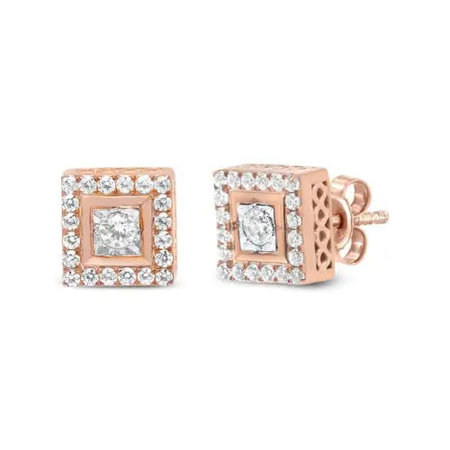 HAUS OF BRILLIANCE 14k Rose Gold Plated Silver 1/2 Ct Diamond Halo Stud Earrings - Pink