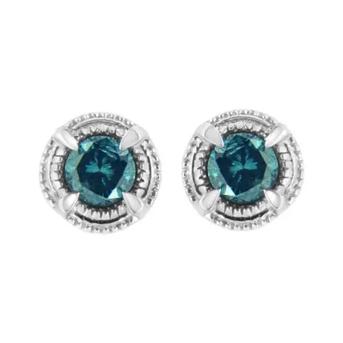 HAUS OF BRILLIANCE 1 1/2 Ct Solitaire Milgrain Stud Earrings - Blue Diamond