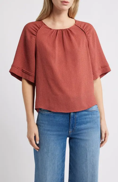 Wit & Wisdom Shirred Bell Sleeve Top - Mahogany Red