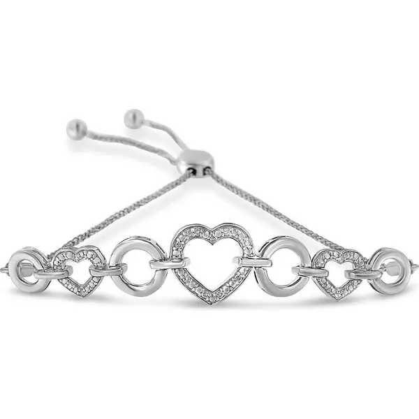 HAUS OF BRILLIANCE Silver 0.10 Cttw Round-cut Diamond Heart-link Bolo Bracelet - White