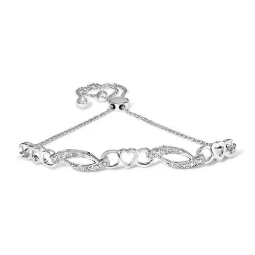 HAUS OF BRILLIANCE Silver Diamond Heart Link Bolo Bracelet - White