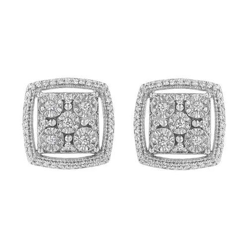 HAUS OF BRILLIANCE Silver 3/8 Ct Miracle Round Diamond Double Halo Cluster Earrings - White