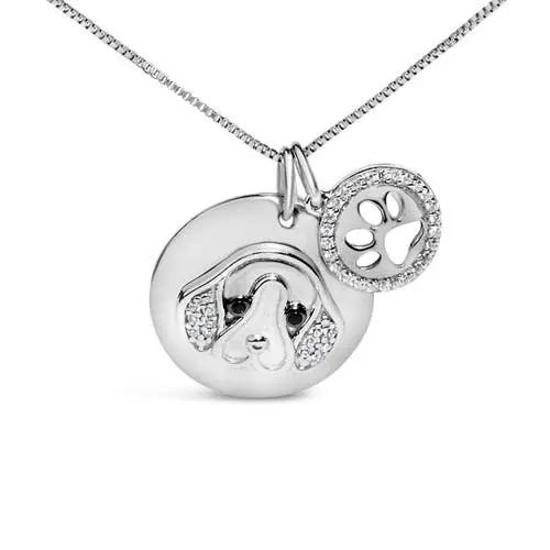 HAUS OF BRILLIANCE Silver Diamond Beagle Dog Medallion Pendant Necklace - White