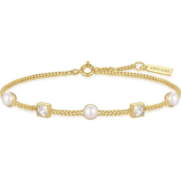 ANIA HAIE Cultured Pearl & Zirconia Station Bracelet - Shiny Gold