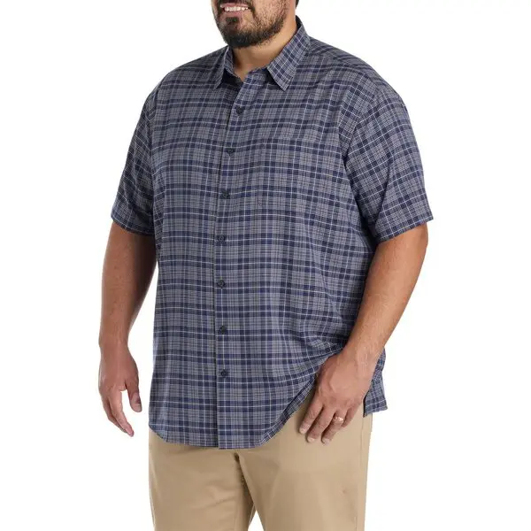 HARBOR BAY BY DXL Big & Tall Microfiber Large Plaid Sport Shirt - Navy