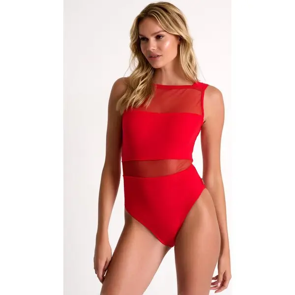 Shan Grid Mesh High-neck One-piece - Red