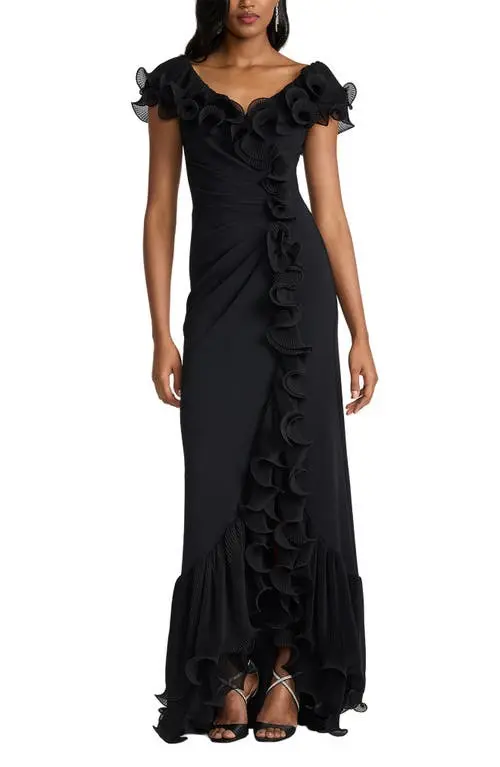 Tadashi Shoji Pleated Ruffle Gown