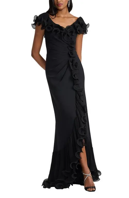 Tadashi Shoji Pleated Ruffle Gown