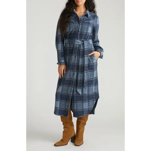 Universal Standard Long Sleeve Stretch Flannel Midi Shirt Dress - Heather Fog Plaid Blue