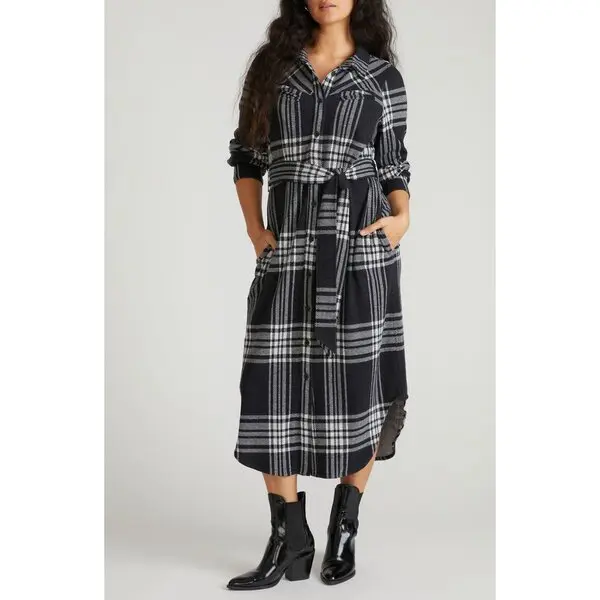 Universal Standard Long Sleeve Stretch Flannel Midi Shirt Dress - Highland Hug Black Plaid