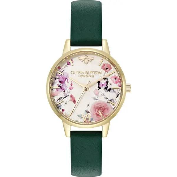 OLIVIA BURTON Illustrated Floral Leather Strap Watch - Ivory/green