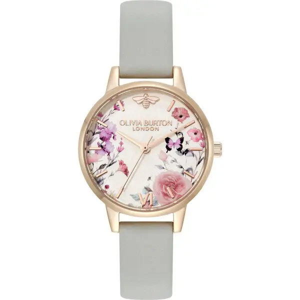 OLIVIA BURTON Illustrated Floral Leather Strap Watch - Ivory/grey