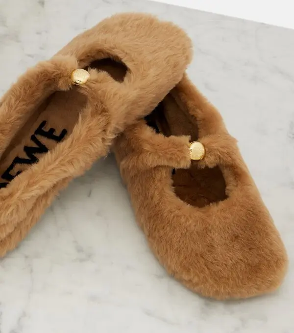 Loewe Pebble Soft Shearling Mary Jane Flats - Beige