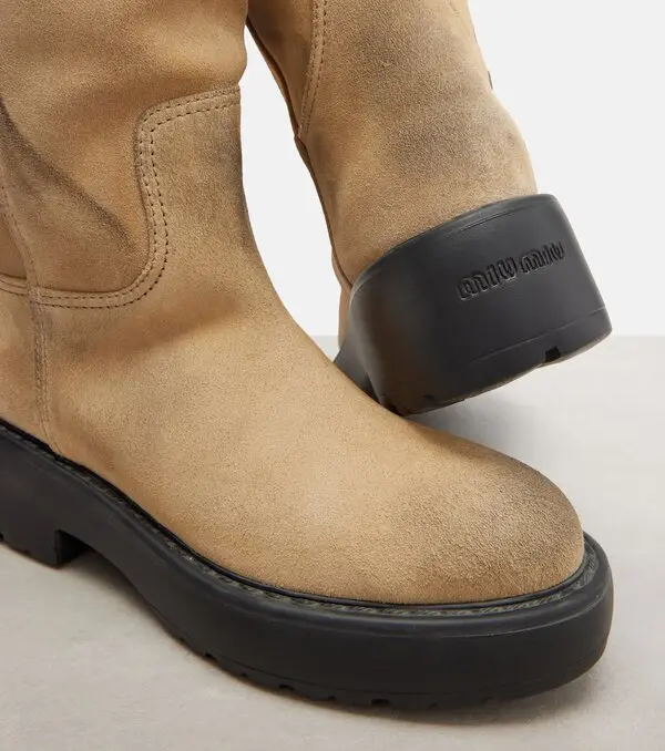 Miu Miu Shearling-lined Suede Knee-high Boots - Beige