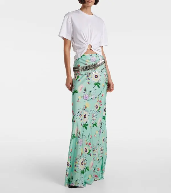 Rabanne Chain-detail Floral Satin Maxi Skirt - Multicoloured
