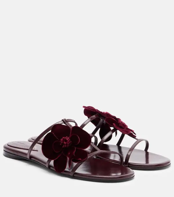 Zimmermann Floral-appliqué Leather Sandals - Burgundy