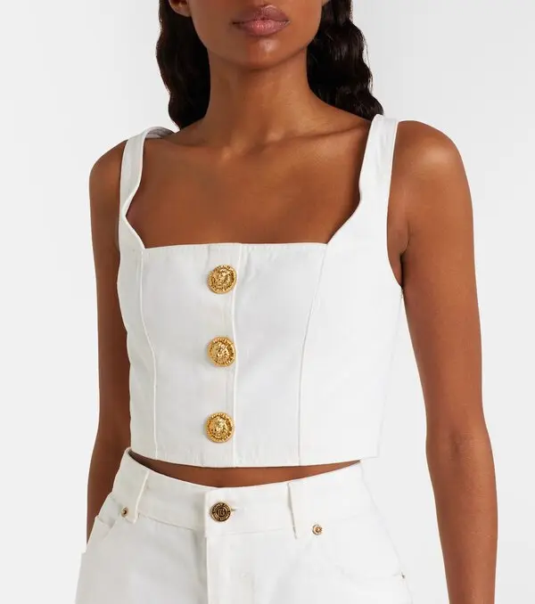 Balmain Denim Crop Top - White