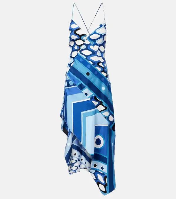 Emilio Pucci Printed Asymmetric Silk Satin Midi Dress - Blue