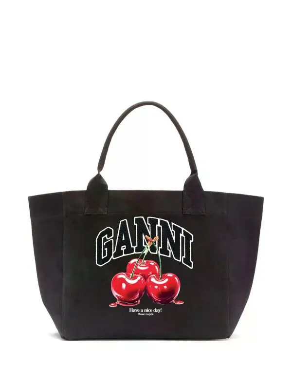 GANNI Cherry Print Medium Tote Bag - Black