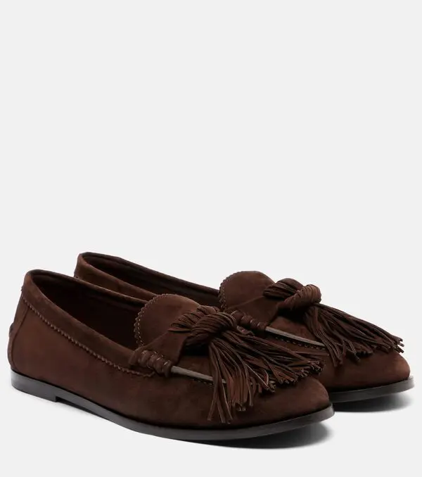 AQUAZZURA Freddie Fringed Suede Loafers - Brown