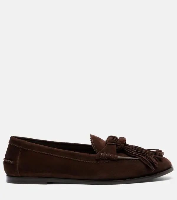 AQUAZZURA Freddie Fringed Suede Loafers - Brown