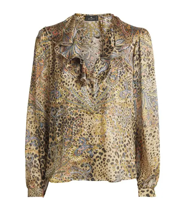 Etro Silk Leopard Ruffle-detail Blouse - Brown