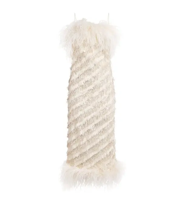 TALLER MARMO Ostrich Feather Sunset Boulevard Midi Dress - White