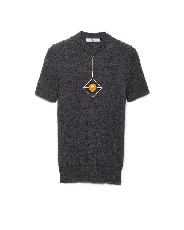 Prada Short-sleeved Wool Sweater With Pendant - Grey