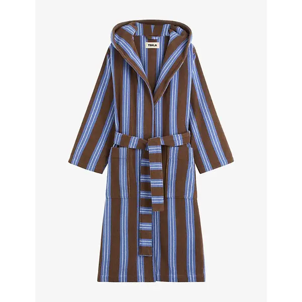 TEKLA Striped Hooded Cotton Robe - Chesnut Stripes