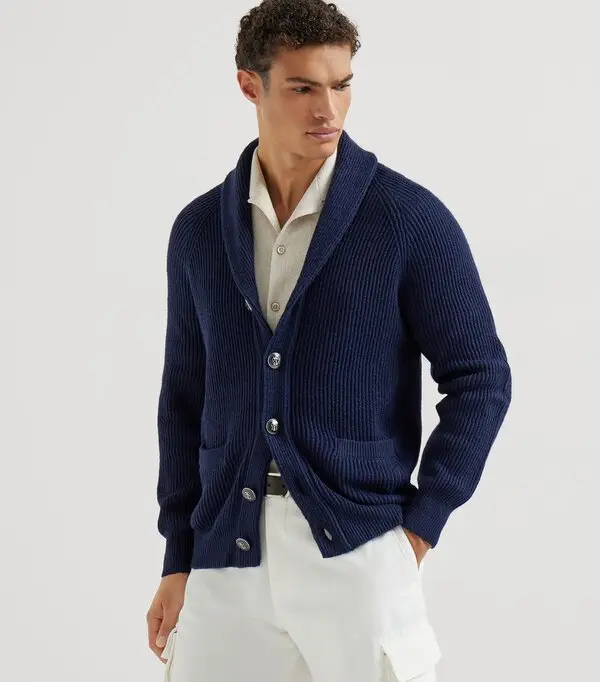 Brunello Cucinelli Cotton English Rib Cardigan - Blue
