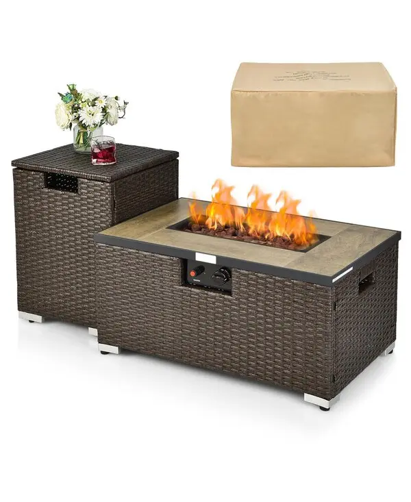 SUGIFT 32 X 20 Inch Propane Rattan Fire Pit Table Set With Side Table Tank And Cover - Brown