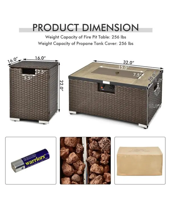SUGIFT 32 X 20 Inch Propane Rattan Fire Pit Table Set With Side Table Tank And Cover