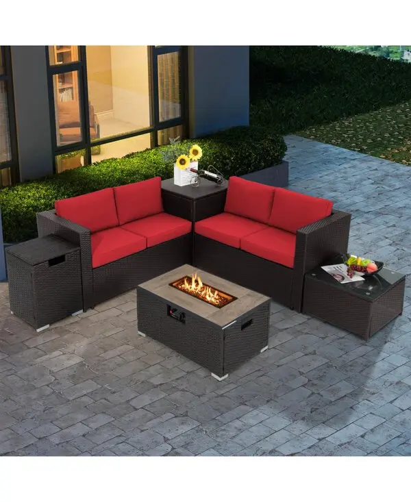 SUGIFT 32 X 20 Inch Propane Rattan Fire Pit Table Set With Side Table Tank And Cover