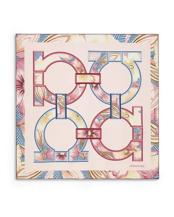 FERRAGAMO Gancini Print Square Silk Scarf - Rosa/borde