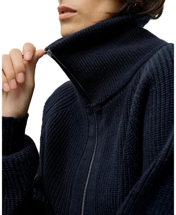 Lilysilk Ribbed-knit Turtleneck Zip Cardigan - Navy Blue