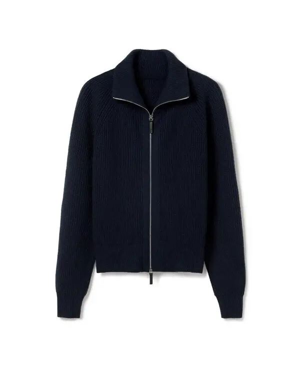 Lilysilk Ribbed-knit Turtleneck Zip Cardigan - Navy Blue