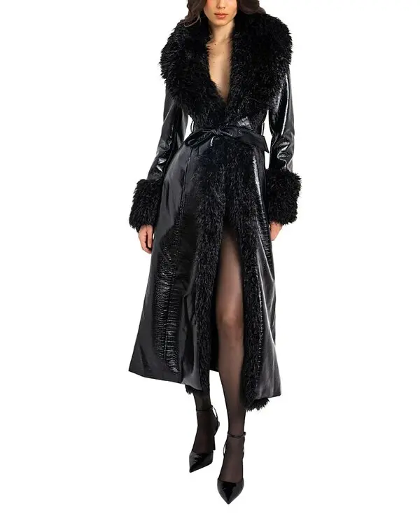 MISS CIRCLE NEW YORK Faux Croc Leather Coat With Faux Fur Trim