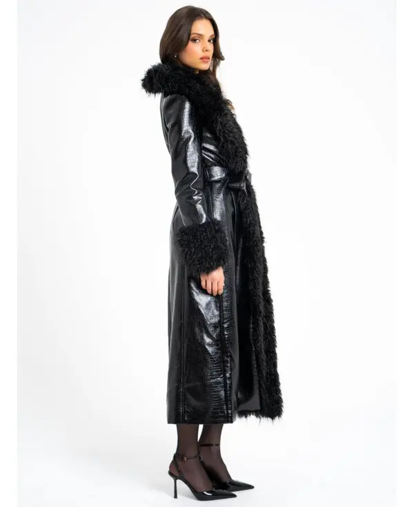 MISS CIRCLE NEW YORK Faux Croc Leather Coat With Faux Fur Trim